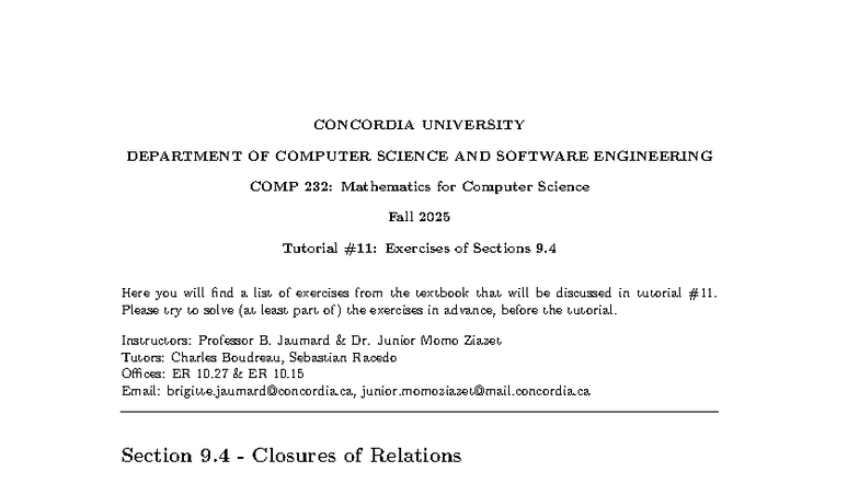 Tutorial Exercises for COMP 232: Math for CS - Fall 2025 - Studocu