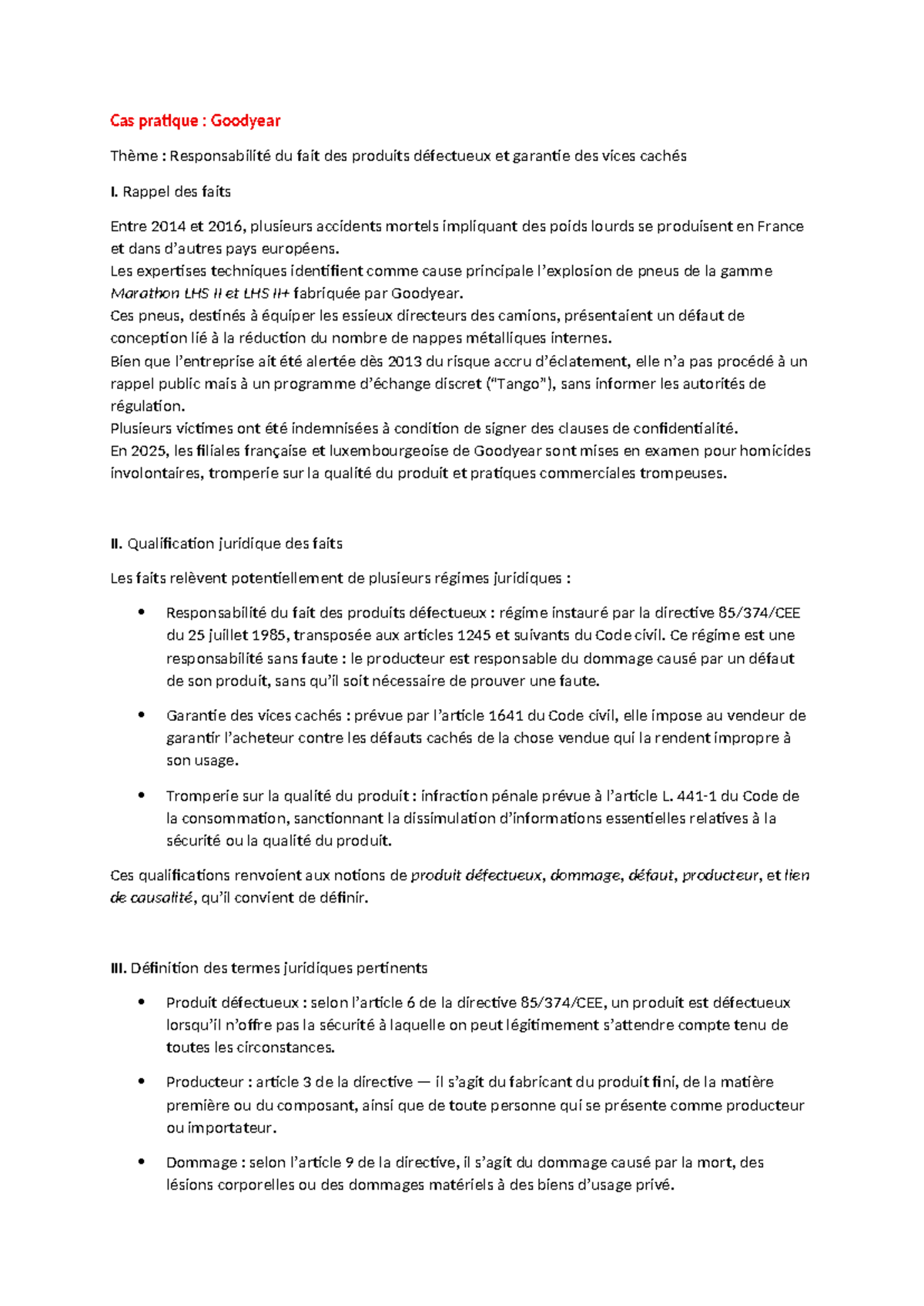Cas Pratique : Responsabilité des Produits Défectueux - Goodyear - Studocu