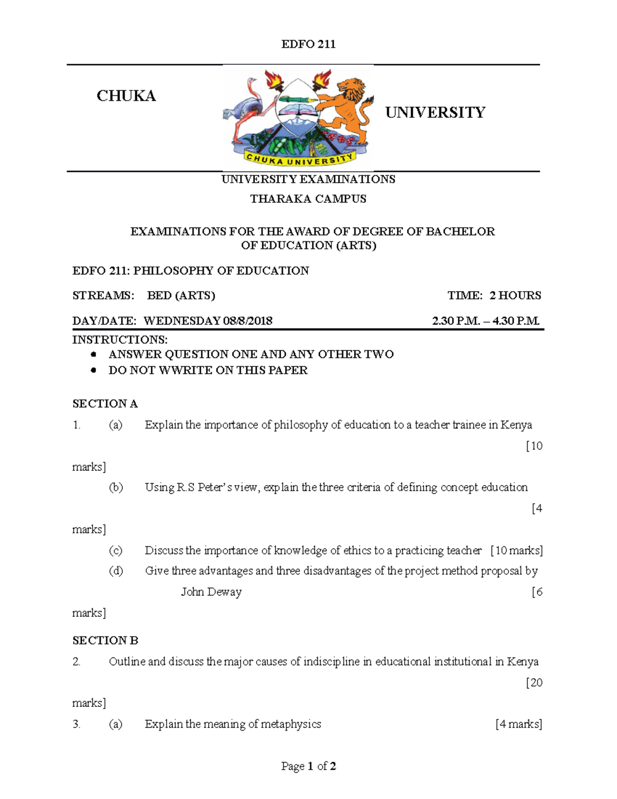 EDFO 211 - Philosophy of Education Exam Questions and Guidelines - Studocu