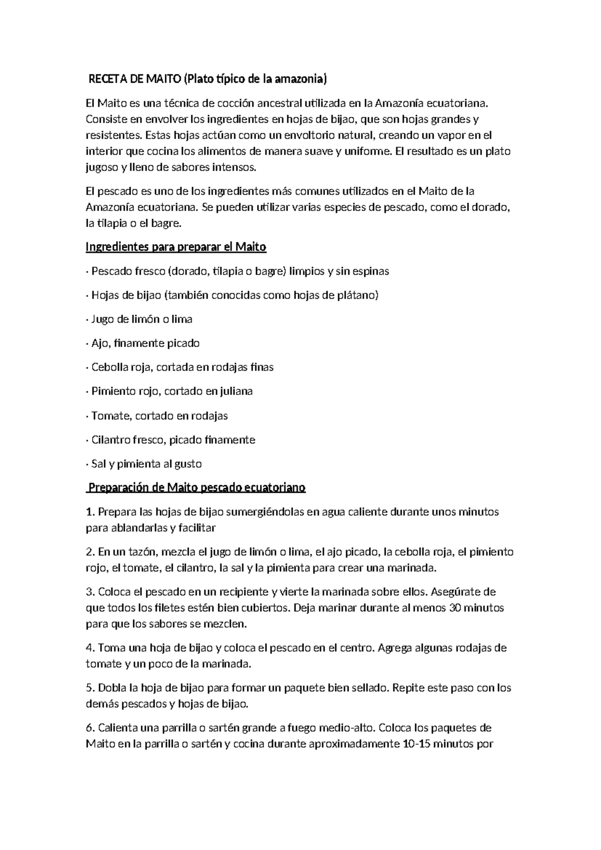 Receta de Maito: Plato Típico Ecuatoriano de la Amazonía - Studocu