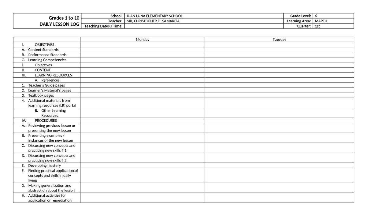 DLL MAPEH Q1 W1 - Daily Lesson Log for Music and Arts - Studocu