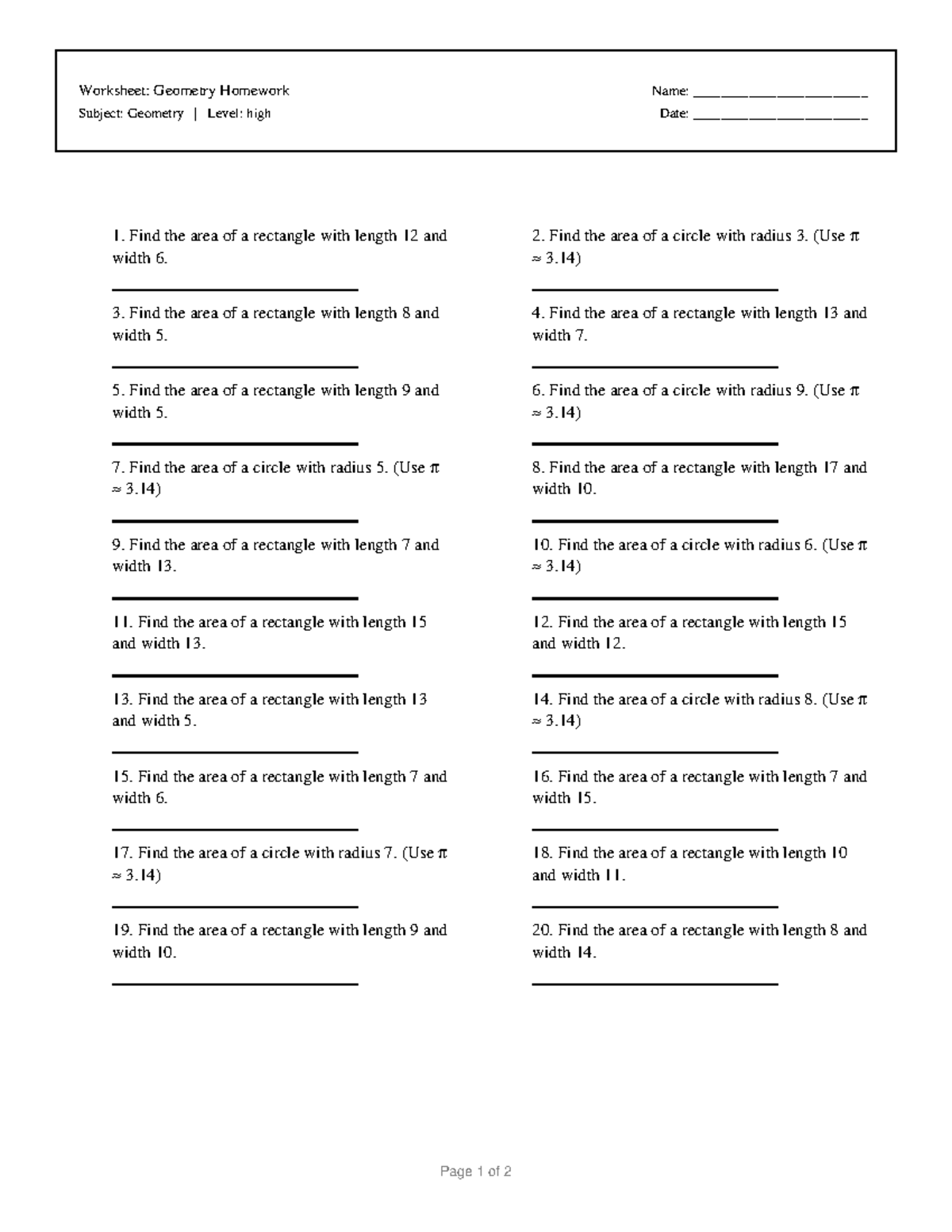 Geometry Homework Worksheet: Area Calculations and Word Problems - Studocu