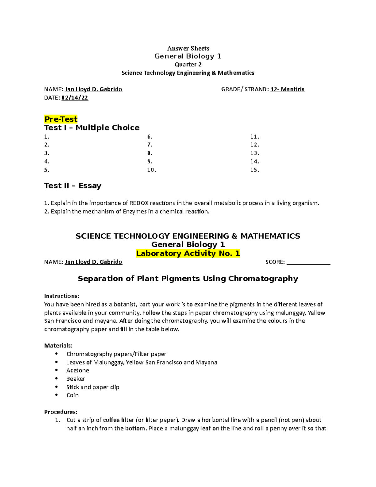 General Biology 1 - Quarter 2 Answer Sheets & Lab Activities - Studocu