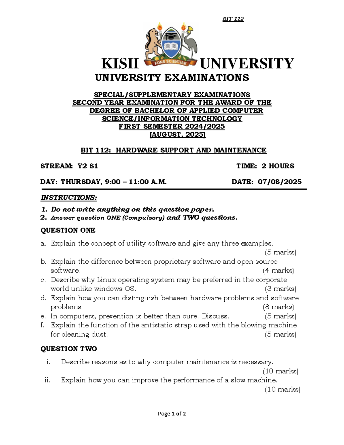 BIT 112 - Hardware Support & Maintenance Exam Notes - Studocu
