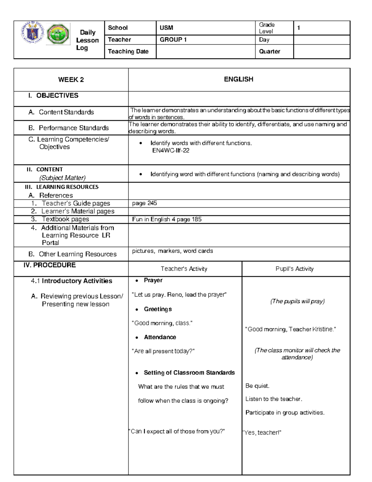 English-LP - Lesson Plan for Identifying Naming and Describing Words ...