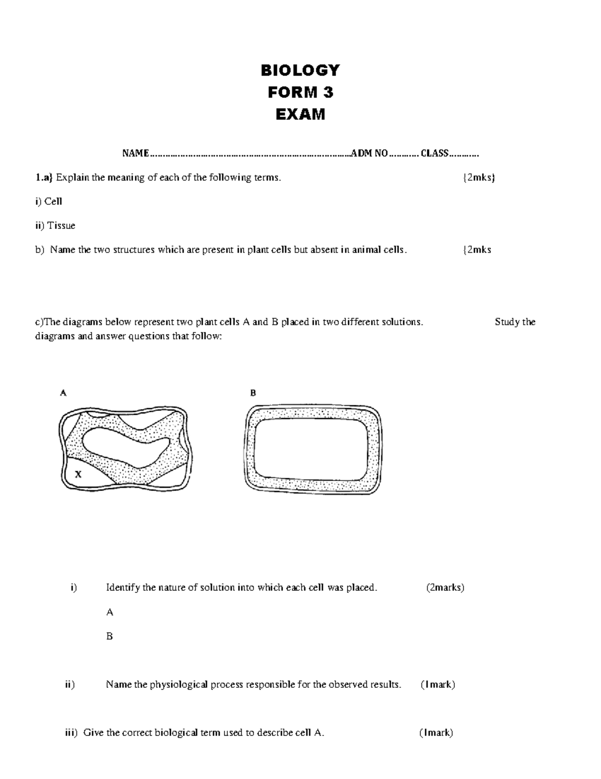 576852365 Form 3 Biology Exam Set 1 Questions and Answers - Studocu