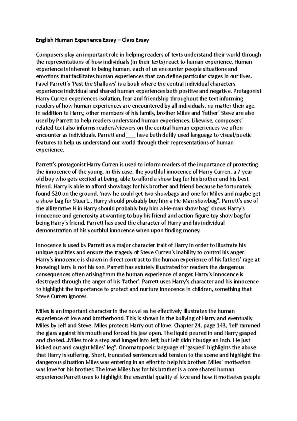 Essay - Texts and Human Experiences - English Human Experience Essay ...