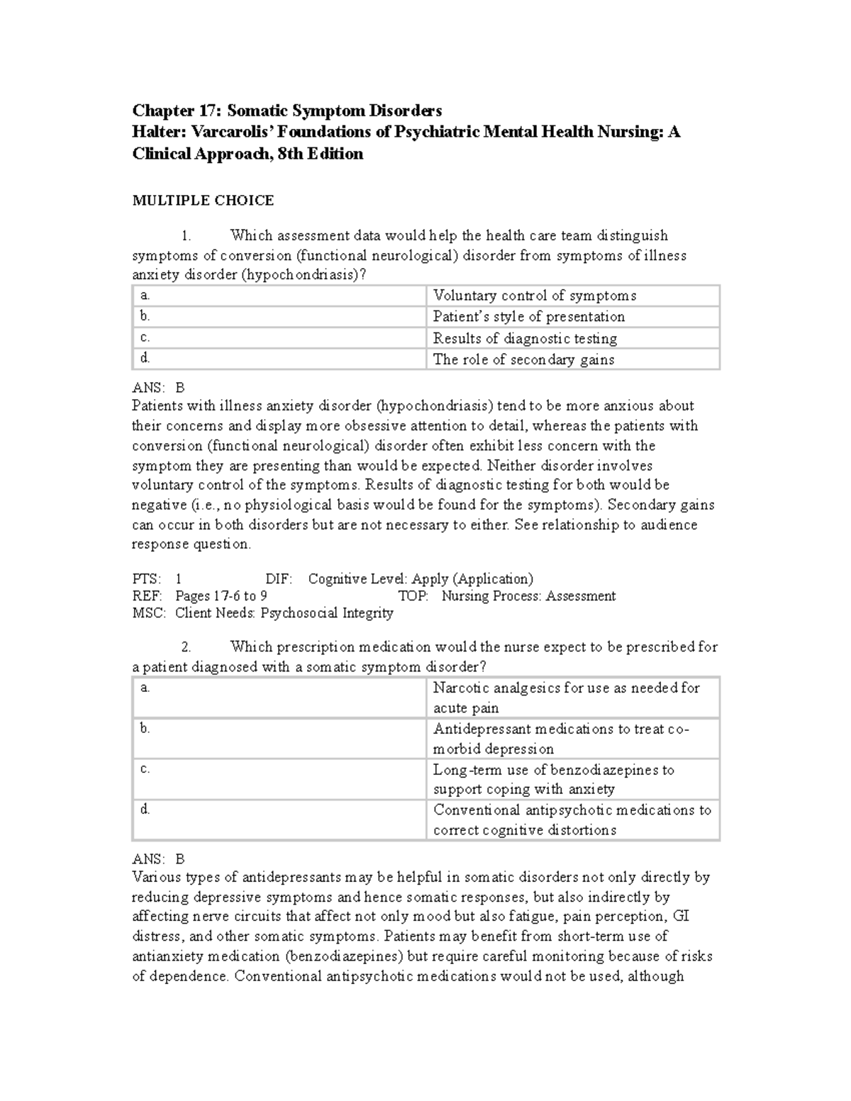 Chapter 17: Somatic Symptom Disorders - Quiz Questions - Studocu