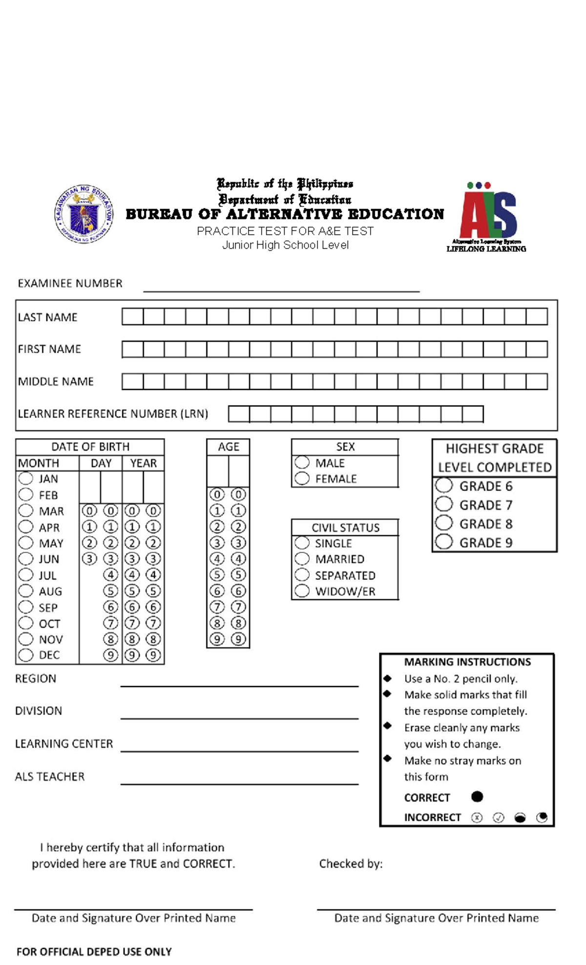 AEPractice Test AS JHS - Answer Sheet for Junior High Level - Studocu