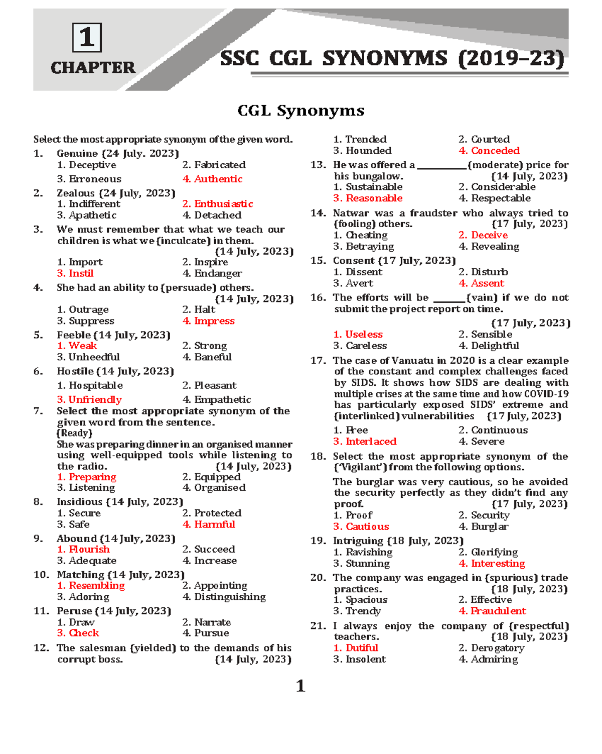CGL Synonyms Practice: Select the Best Synonym (1-100) - Studocu