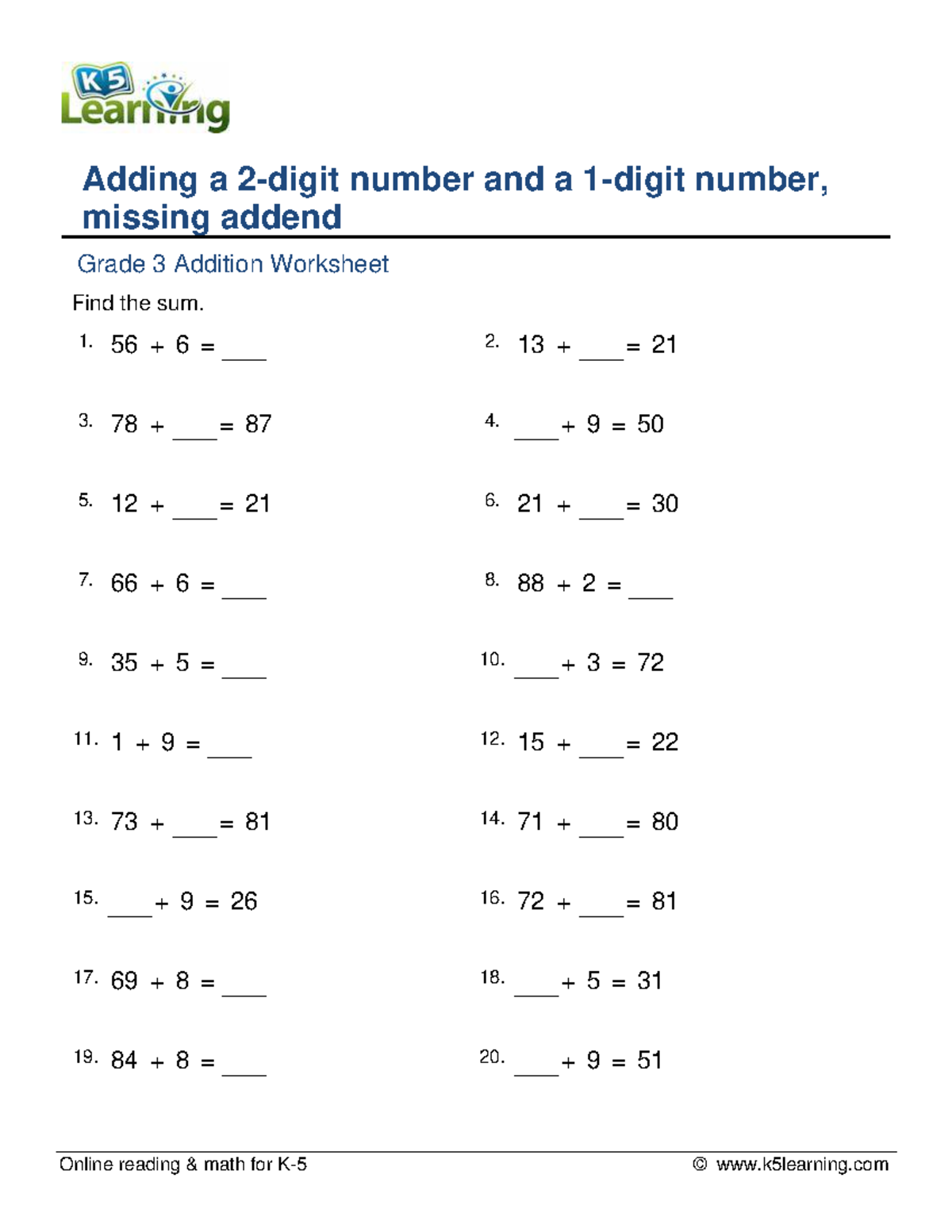 Grade 3 Addition Worksheet: Finding Missing Addends - Studocu
