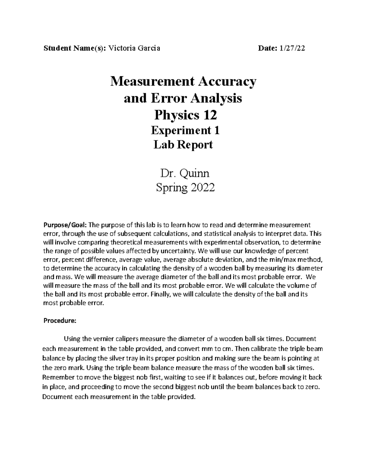 Introduction to Physics Lab - PHY 012 - Experiment #1: Measurement ...