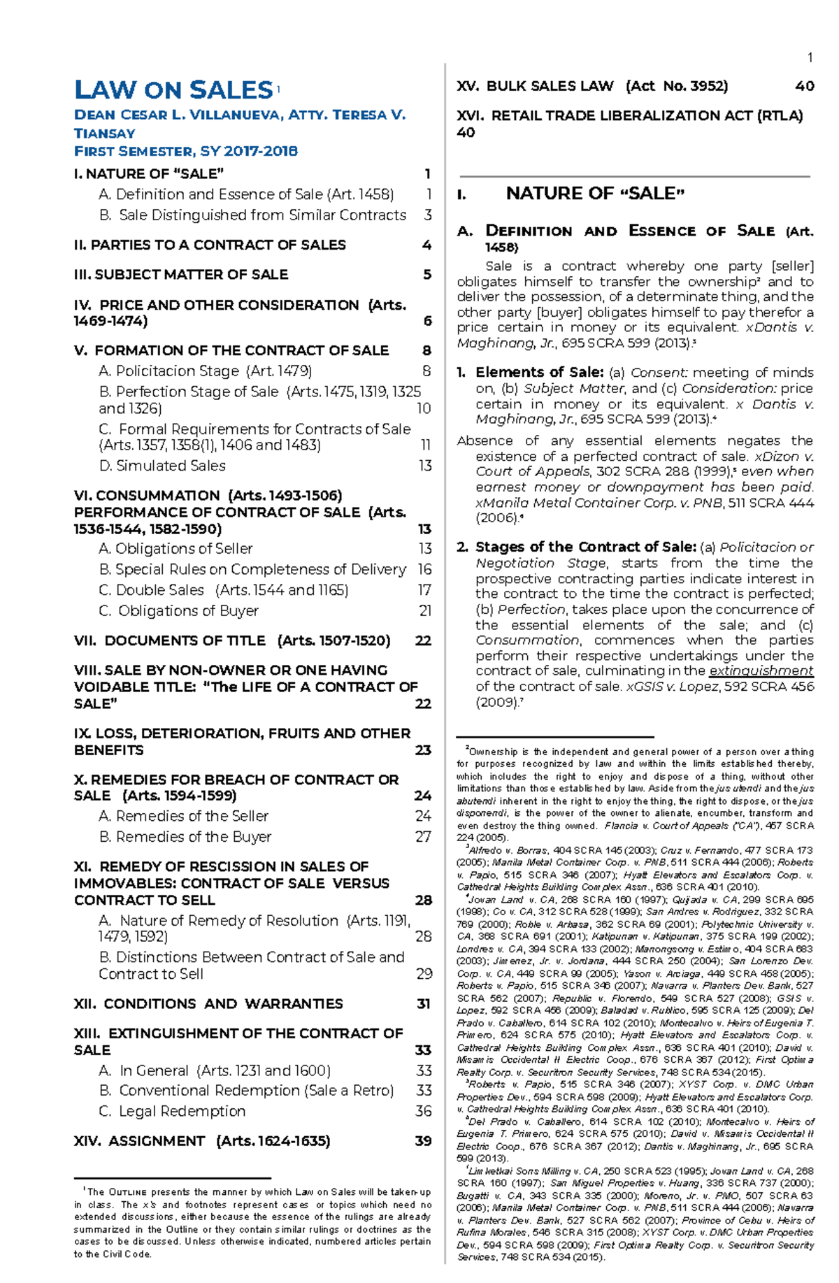 Law on Sales Outline by Villanueva - 1 LAW ON SALES 1 D C L V, A T V T ...