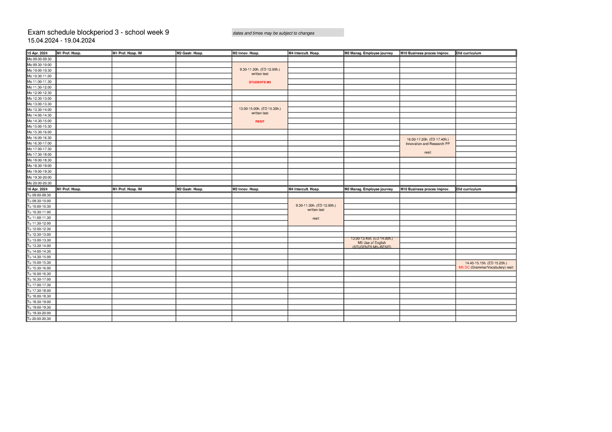 Exam Schedule - Written Tests 2023-2024 (Block Periods 3 & 4) - Studeersnel