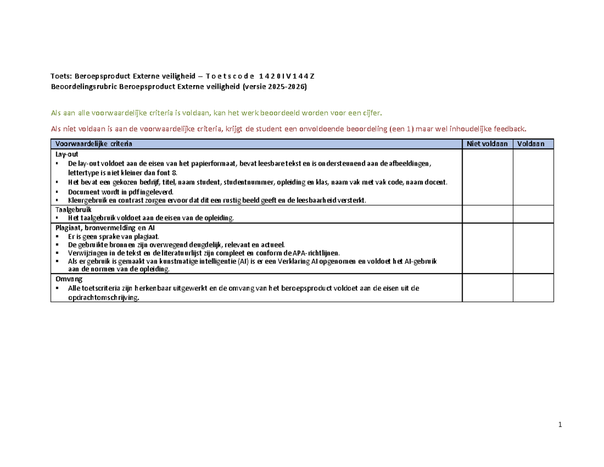 Beoordelingsrubric Beroepsproduct Externe Veiligheid 1420 IV 144Z ...