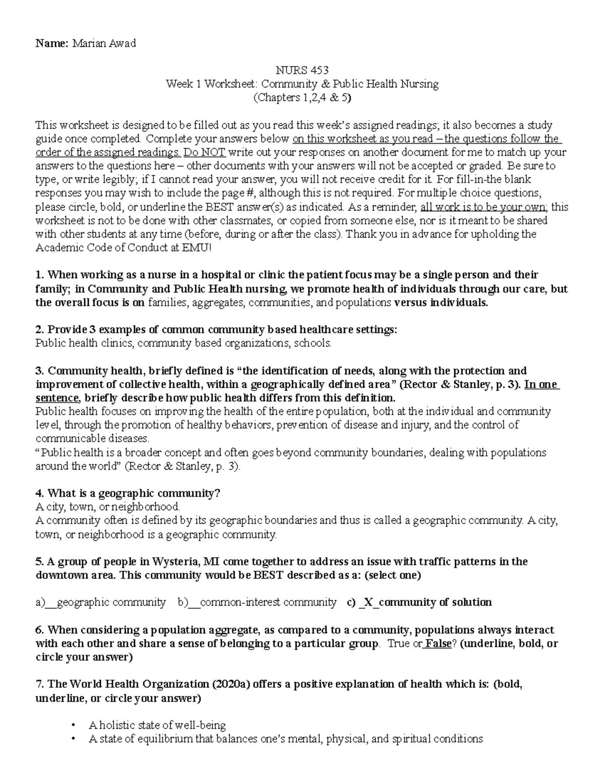 NURS 453 Wk 1 Worksheet 2023 - Name: Marian Awad NURS 453 Week 1 ...
