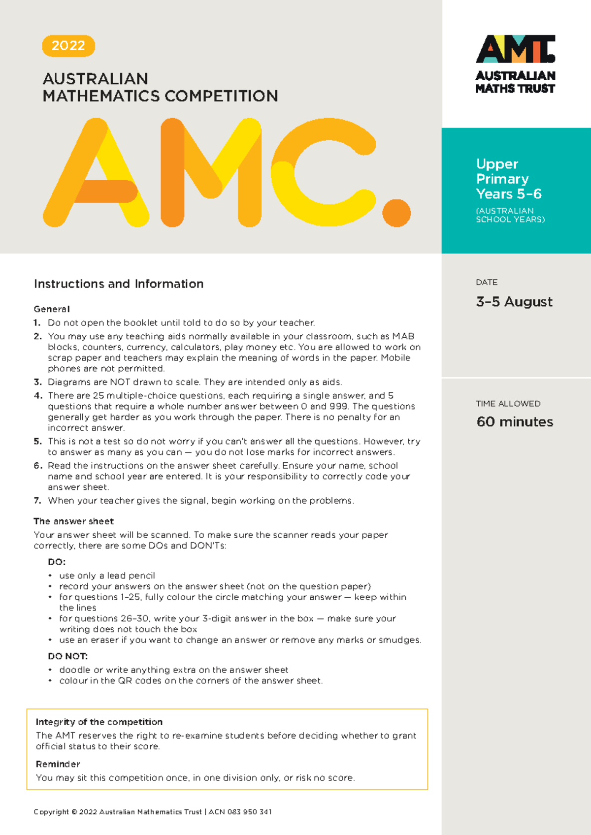 2022 AMC Upper Primary Competition Instructions and Information - Studocu