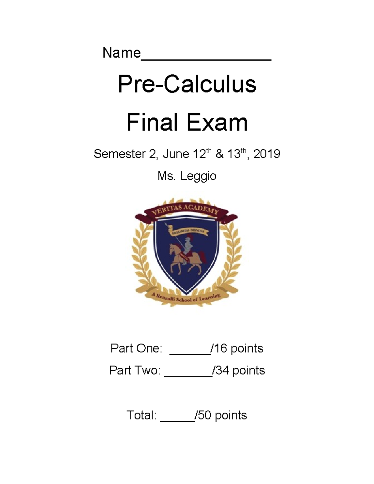 Pre-Calculus Final Exam 2019 - Parts 1 & 2 Overview - Studocu