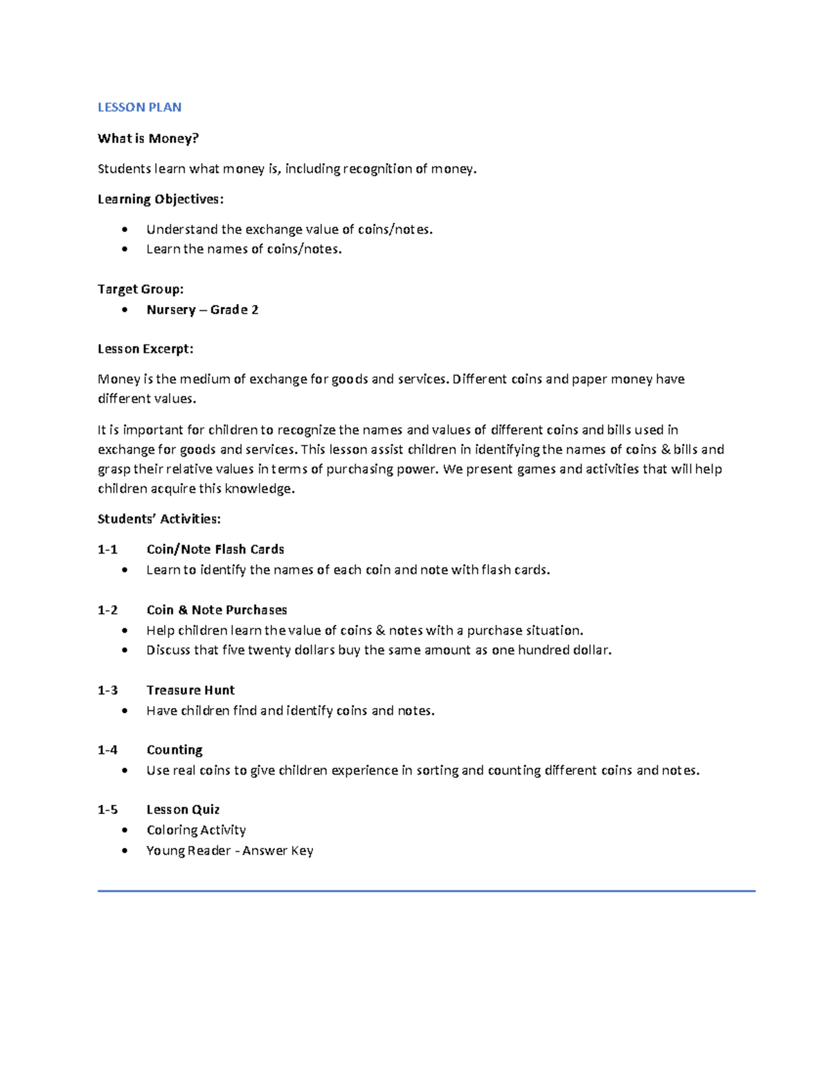 Lesson PLAN 1 - What is Money - LESSON PLAN What is Money? Students ...