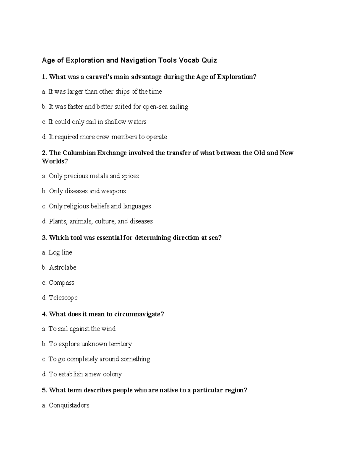 AGE 101: Age of Exploration & Navigation Tools Vocab Quiz - Studocu