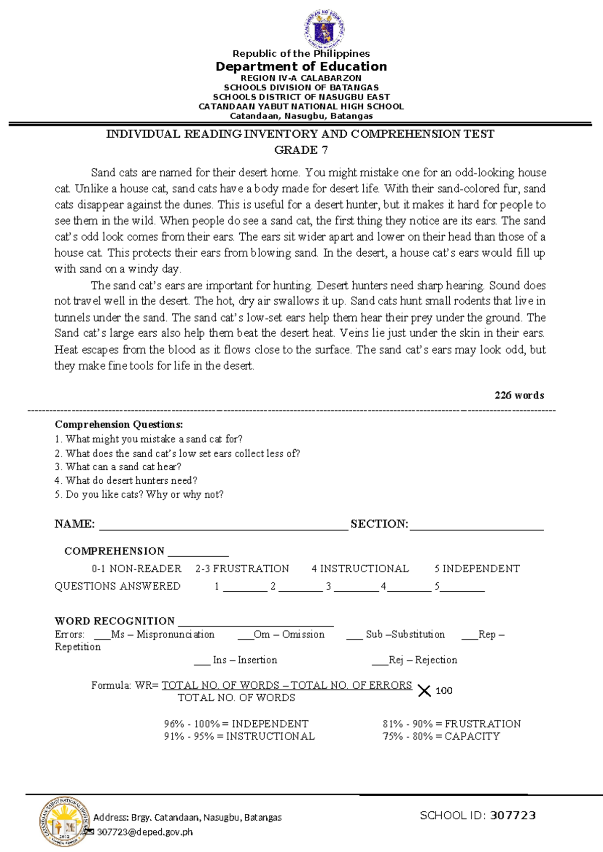 Reading-selection G7 - 100 SCHOOL ID: 307723 307723@deped.gov Republic ...