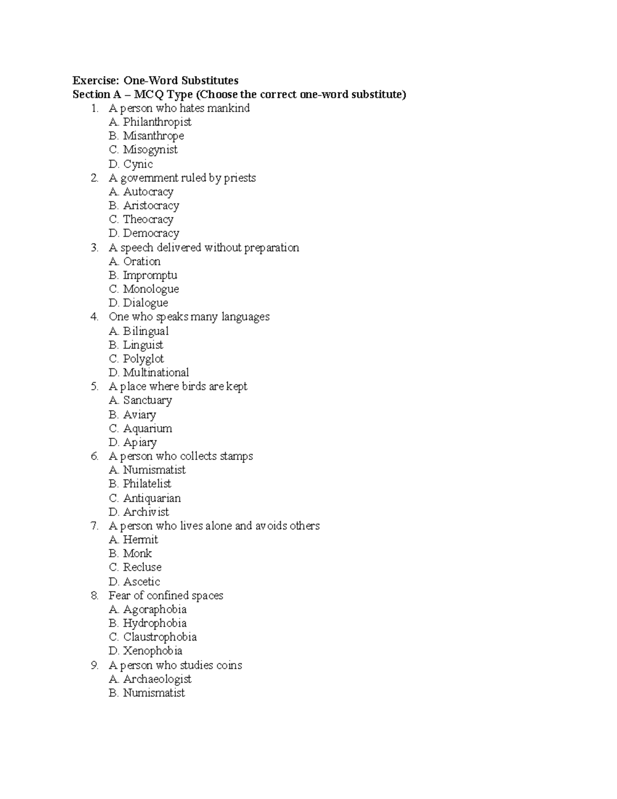 Exercise: One Word Substitute MCQs - Section A & B - Studocu