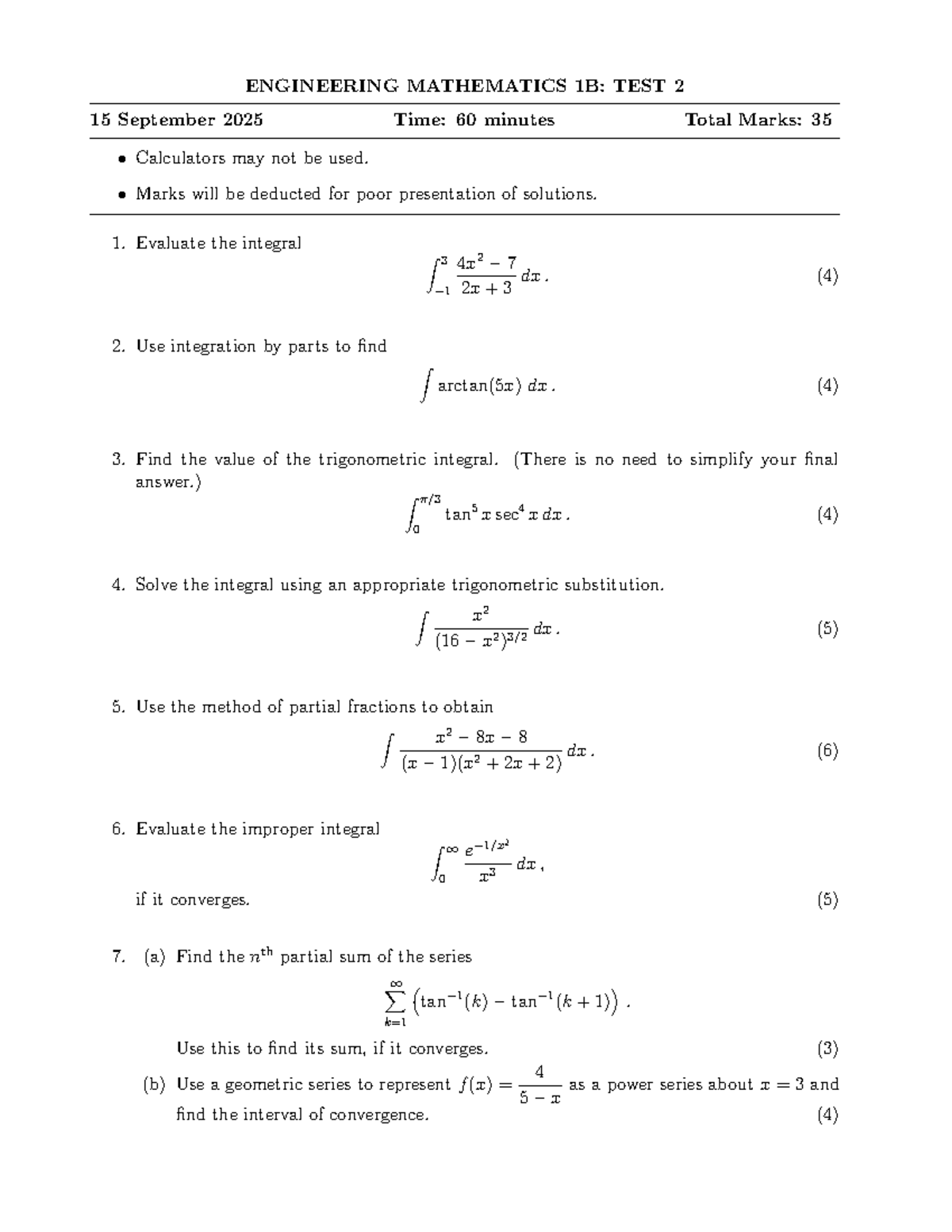 ENG MATHEMATICS 1B: TEST 2 SOLUTIONS (15 SEP 2025) - Studocu
