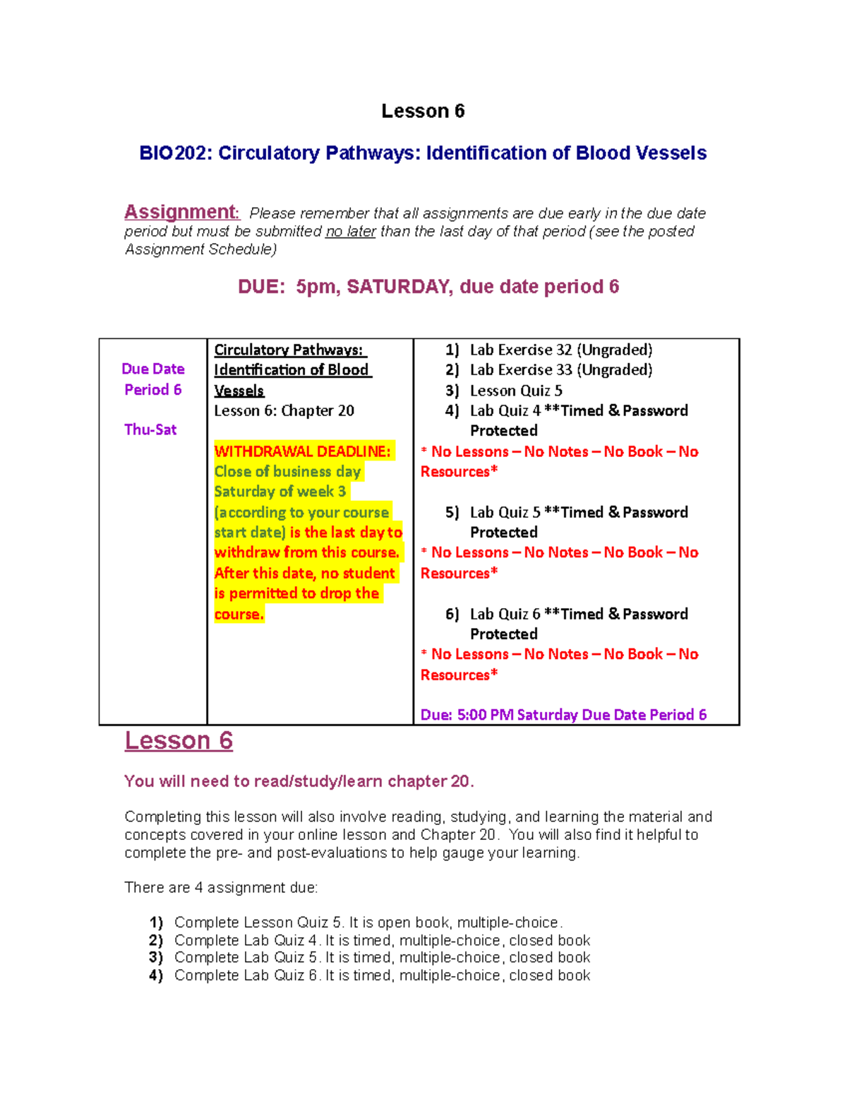 BIO202: Lesson 6 - Circulatory Pathways & Blood Vessels Overview - Studocu