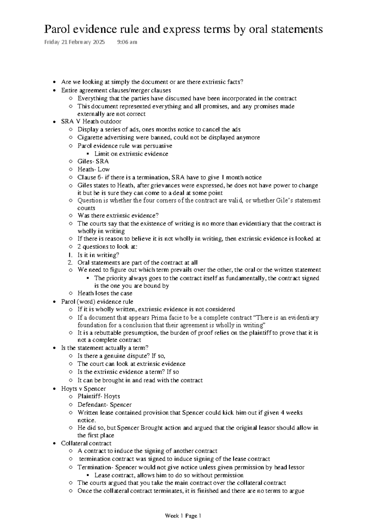 Parol Evidence Rule: Understanding Extrinsic Terms and Contracts - Studocu