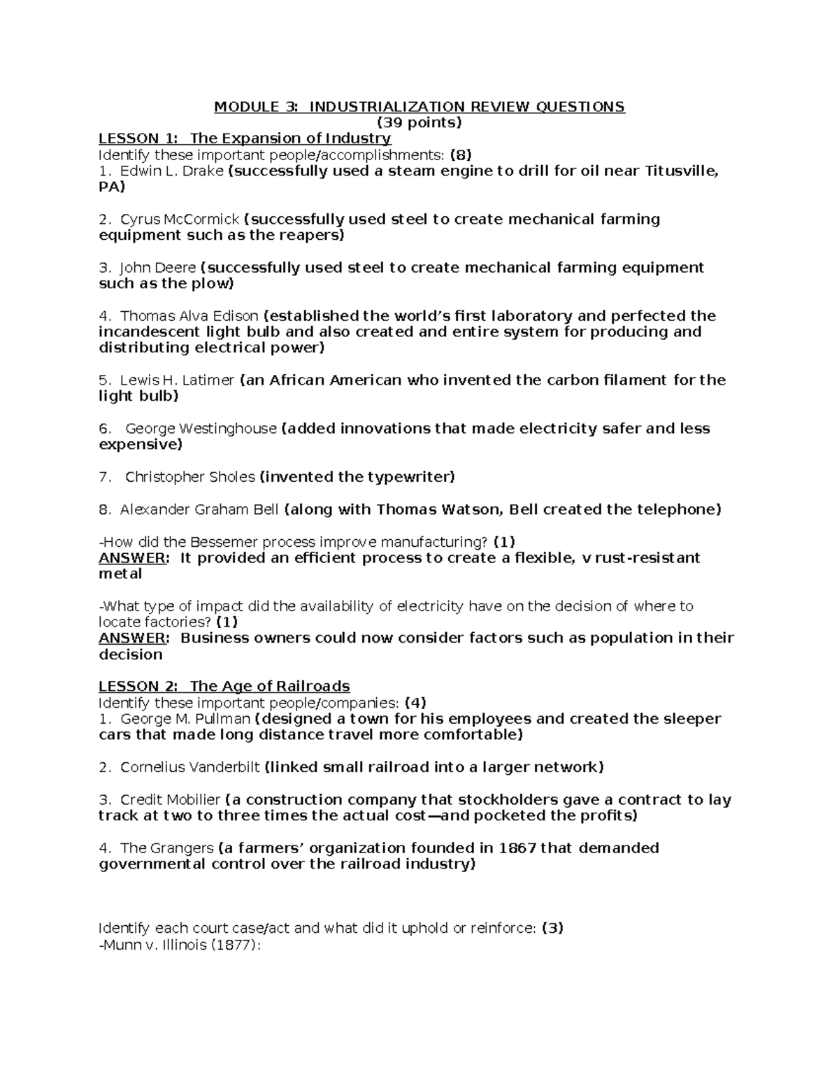 MODULE 3: INDUSTRIALIZATION REVIEW QUESTIONS - KEY FIGURES & CONCEPTS ...