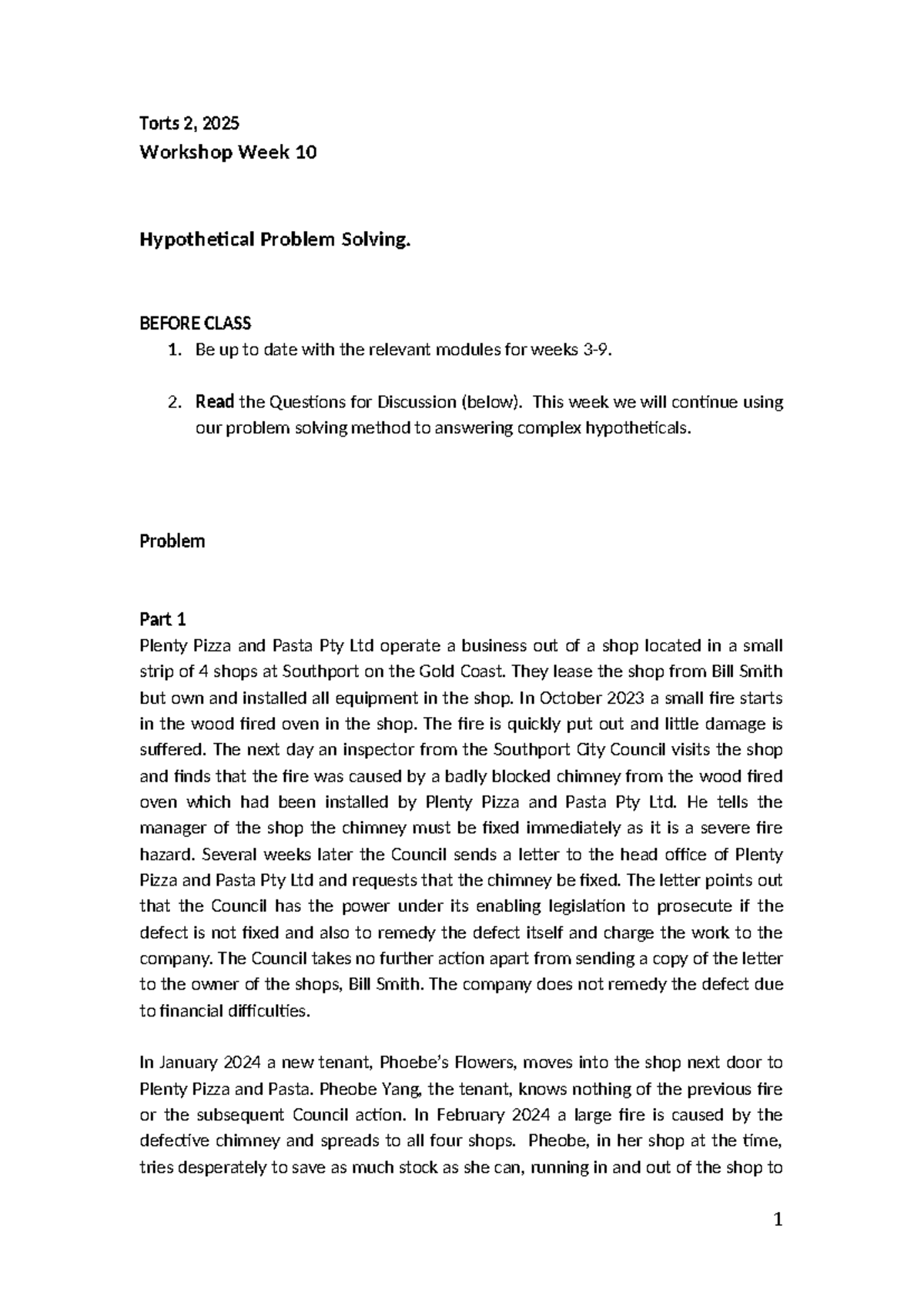 Torts 2, 2025 Workshop Week 10: Hypothetical Problem Analysis - Studocu