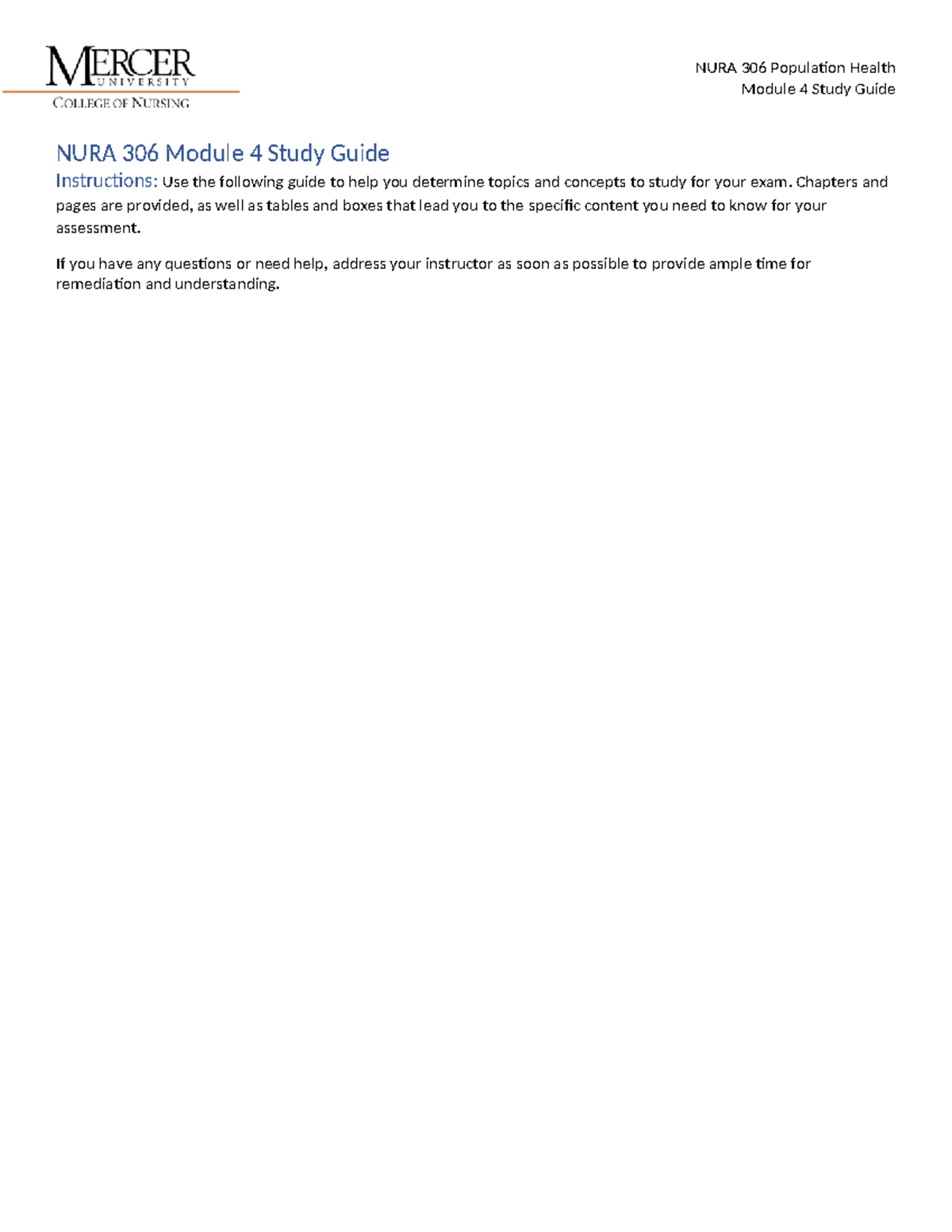NURA 306 Population Health Module 4 Exam Study Guide - Studocu