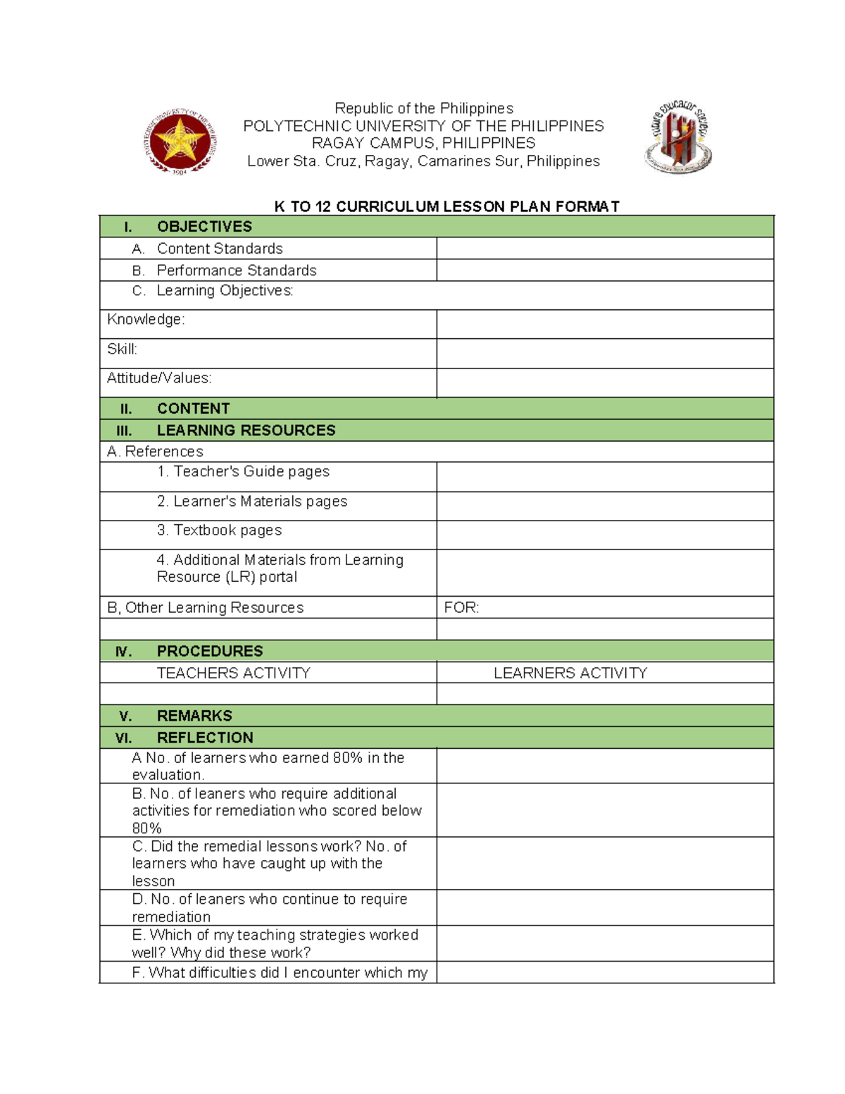 K to 12 Curriculum Lesson Plan Format for 4As - Studocu