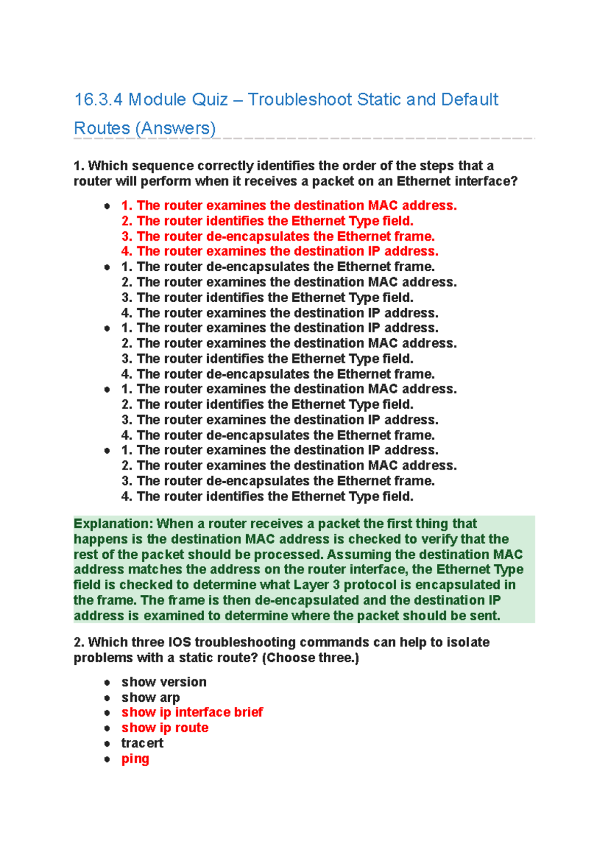 16.3.4 Module Quiz – Route Troubleshooting Strategies (Answers) - Studocu