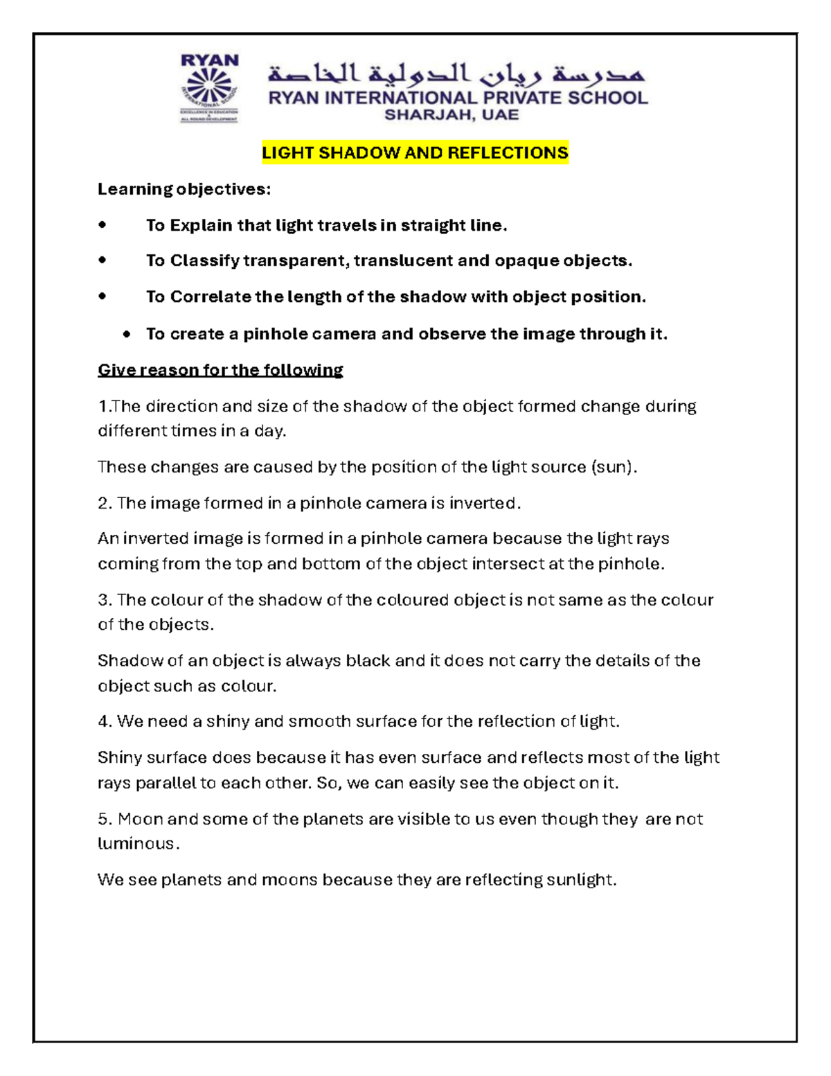 Light, Shadow, and Reflections: Concepts and Experiments (0409) - Studocu