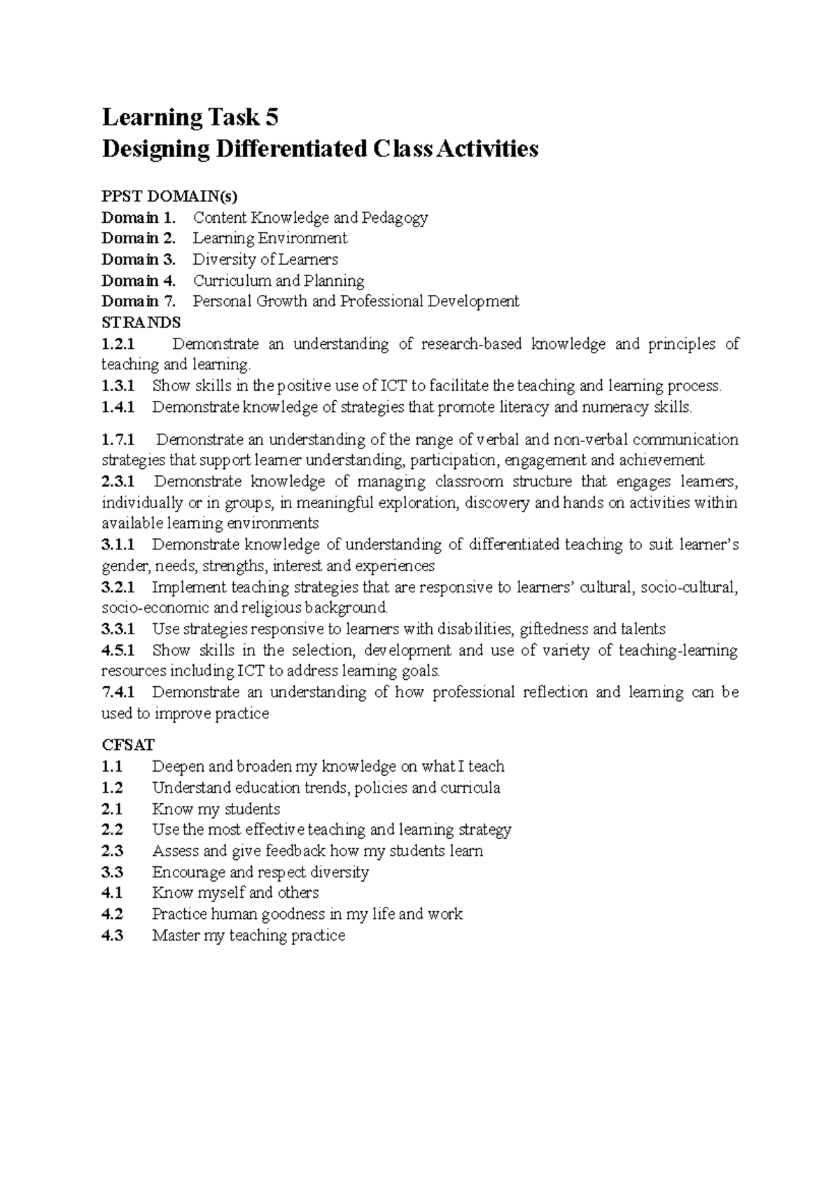 Learning Task 5: Designing Differentiated Class Activities for Teaching ...