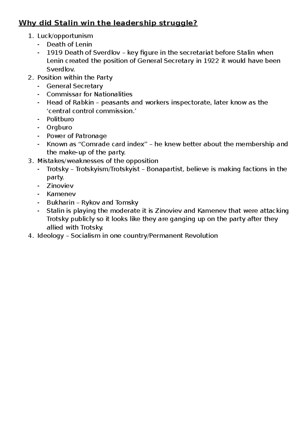 HIST 304: Stalin's Leadership Victory - Key Factors Explained - Studocu
