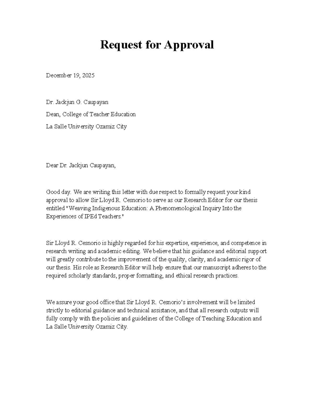 Request Letter for Research Editor Approval - Indigenous Education ...