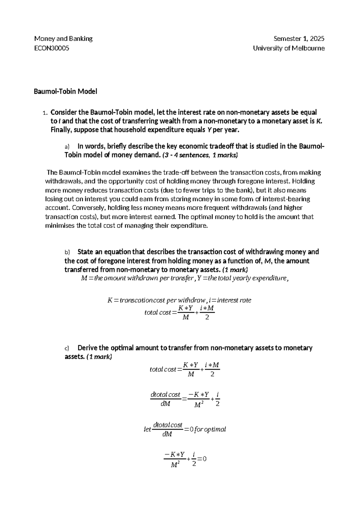 Money and Banking Assignment 1: Baumol-Tobin Model Analysis - Studocu