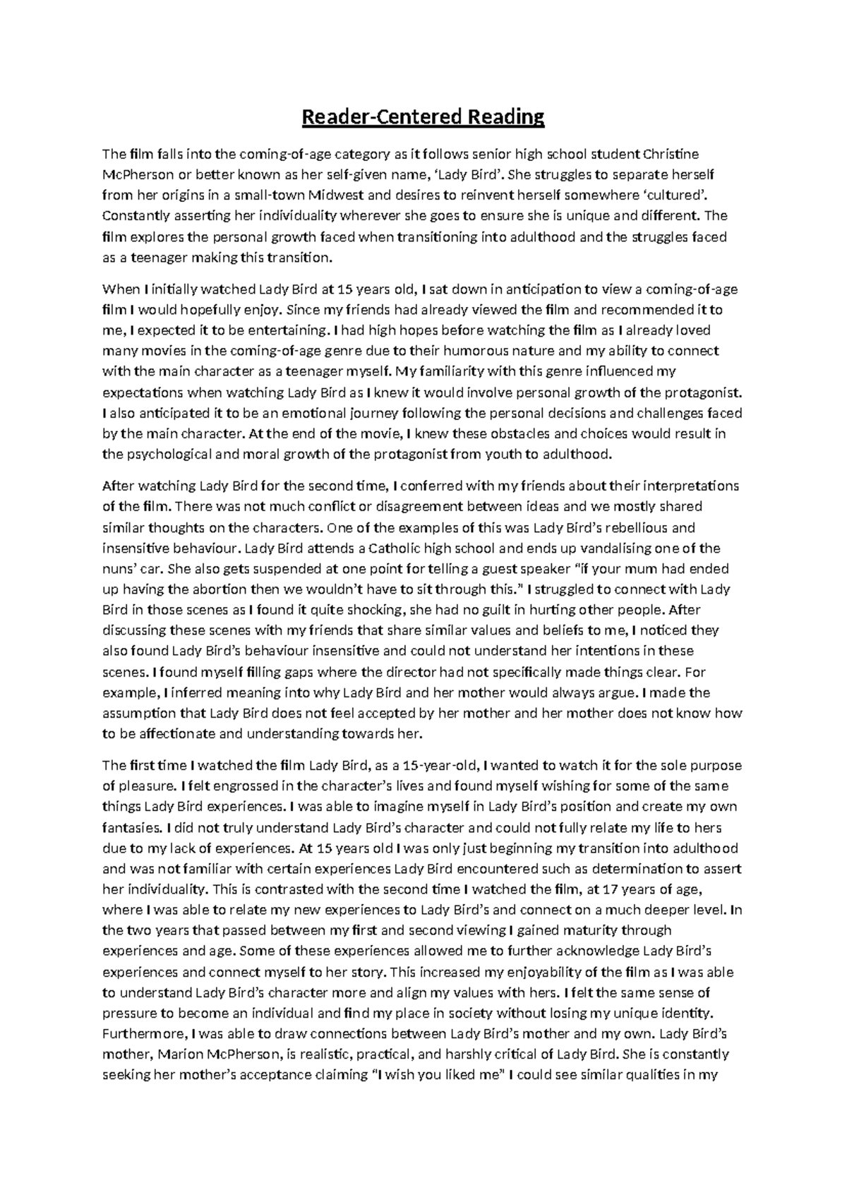 ELEX IA1 - Reader-Centered Analysis of "Lady Bird" Film - Studocu