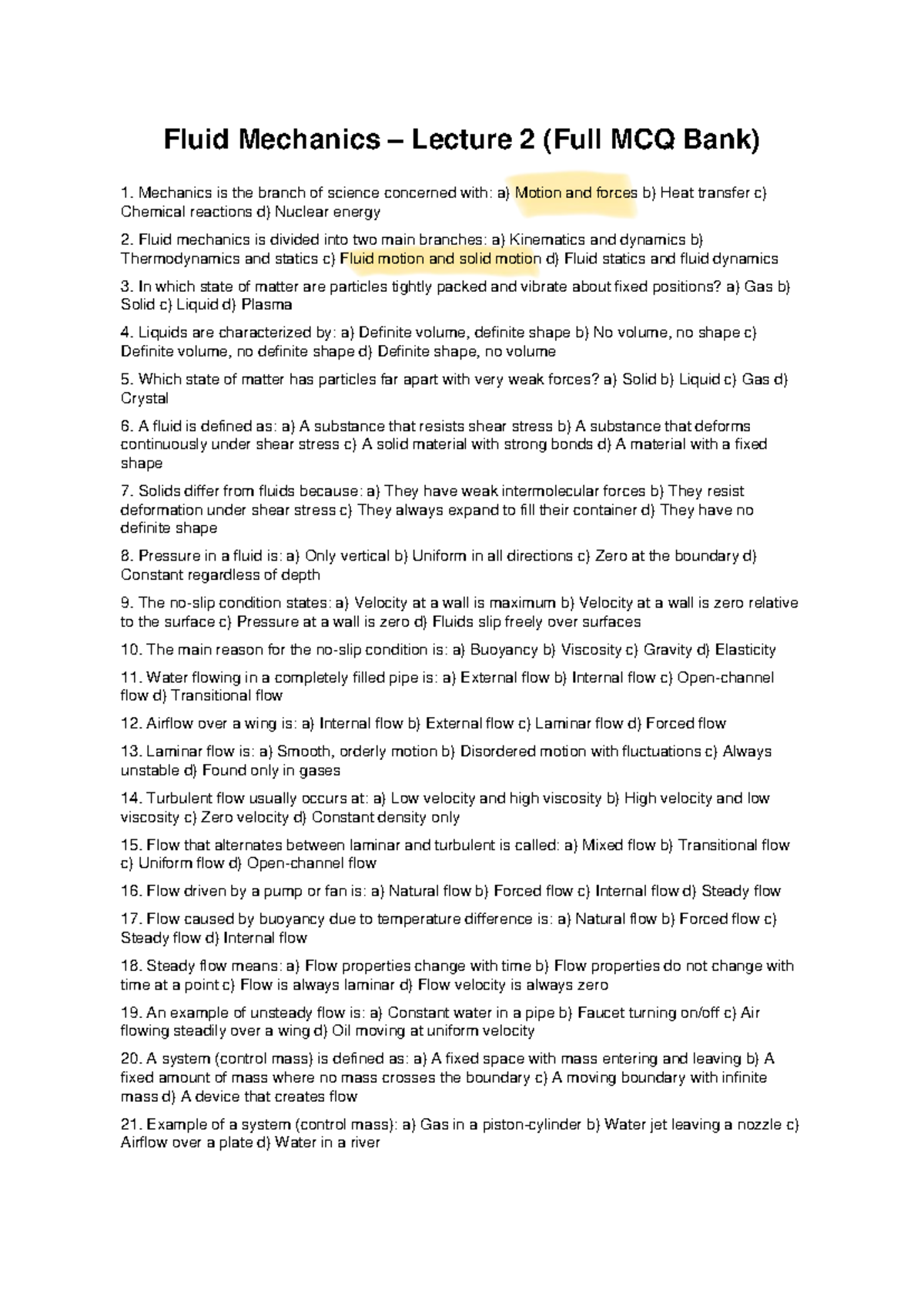 Fluid Mechanics Lecture 2: Comprehensive MCQ Bank - Studocu