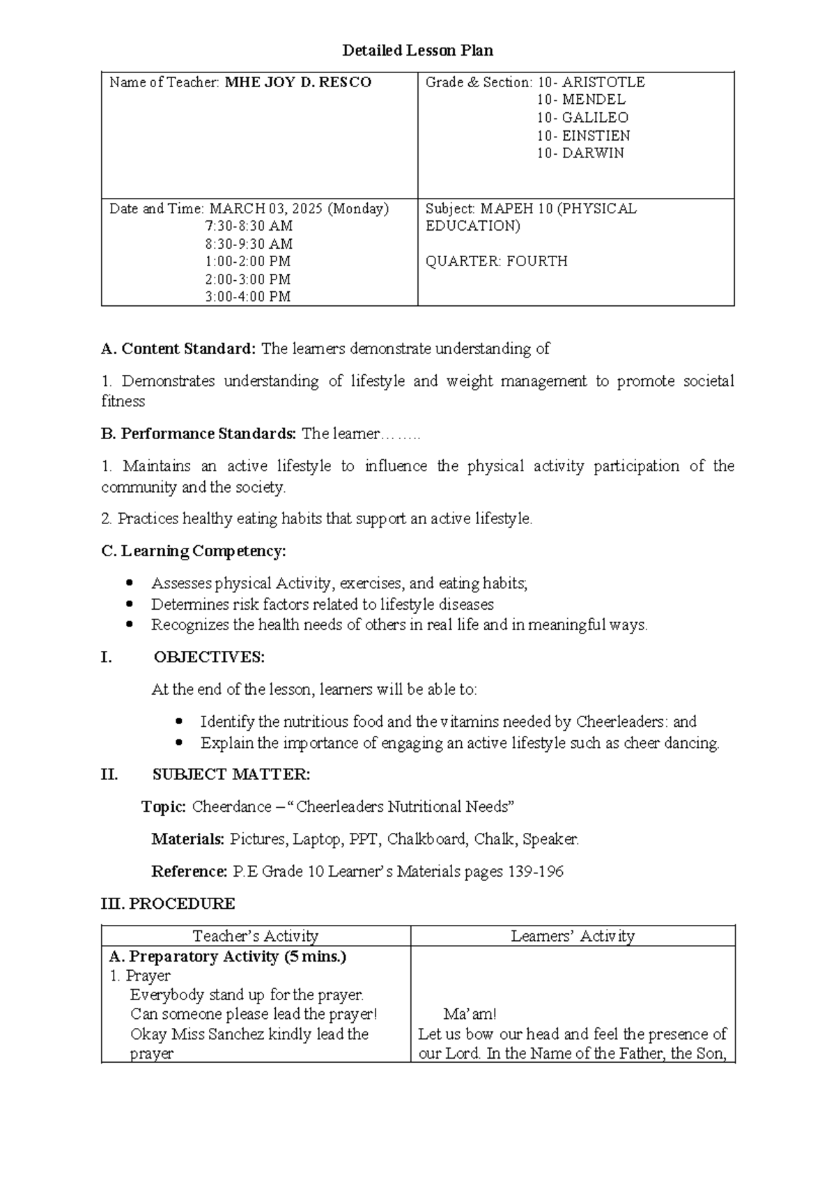 DLP (MAPEH 10) Cheerleaders' Nutritional Needs Detailed Lesson Plan ...