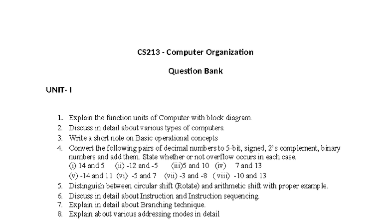 CS213 Computer Organization Question Bank: Key Concepts & Exercises ...