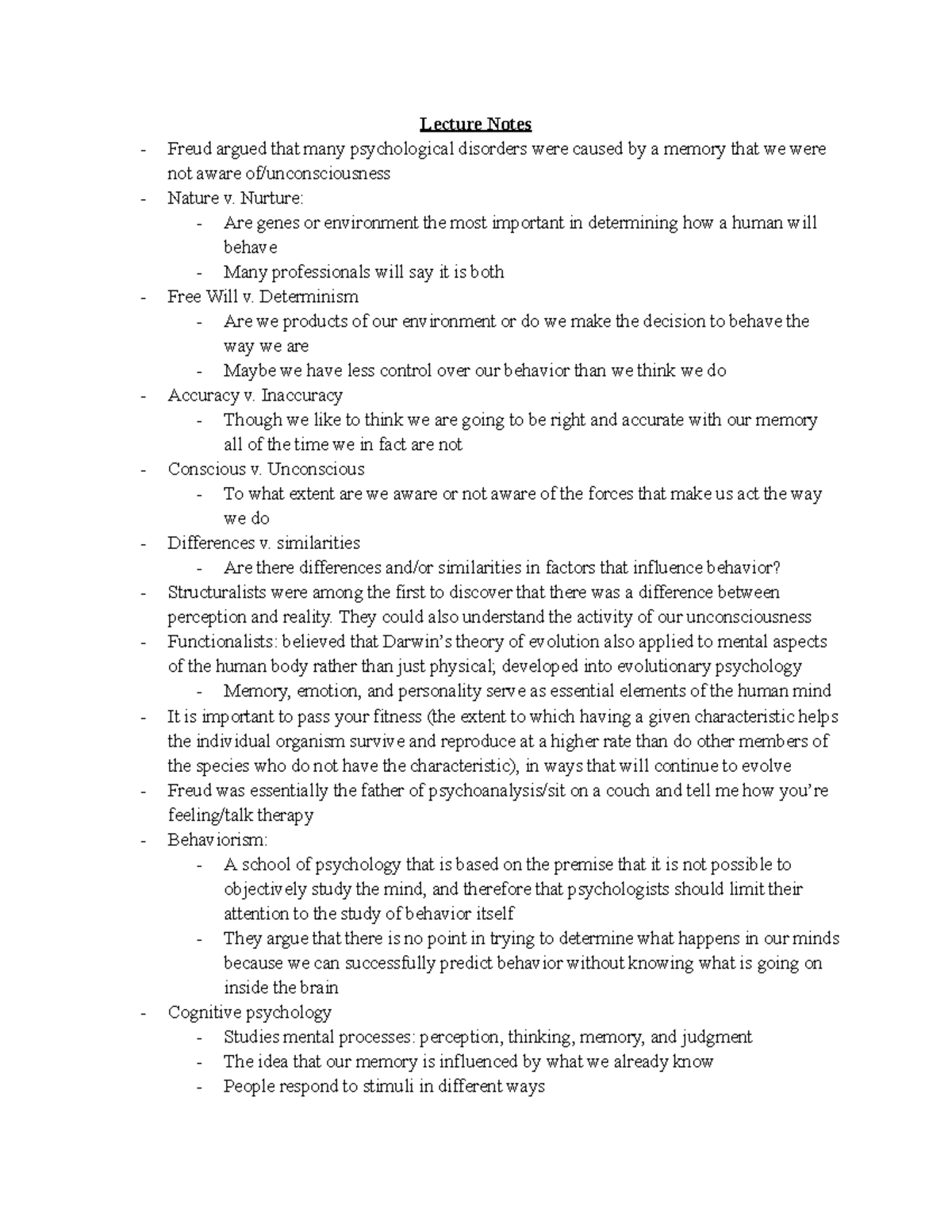 Psych 101: Lecture Notes on Freud, Behaviorism, and Cognition - Studocu