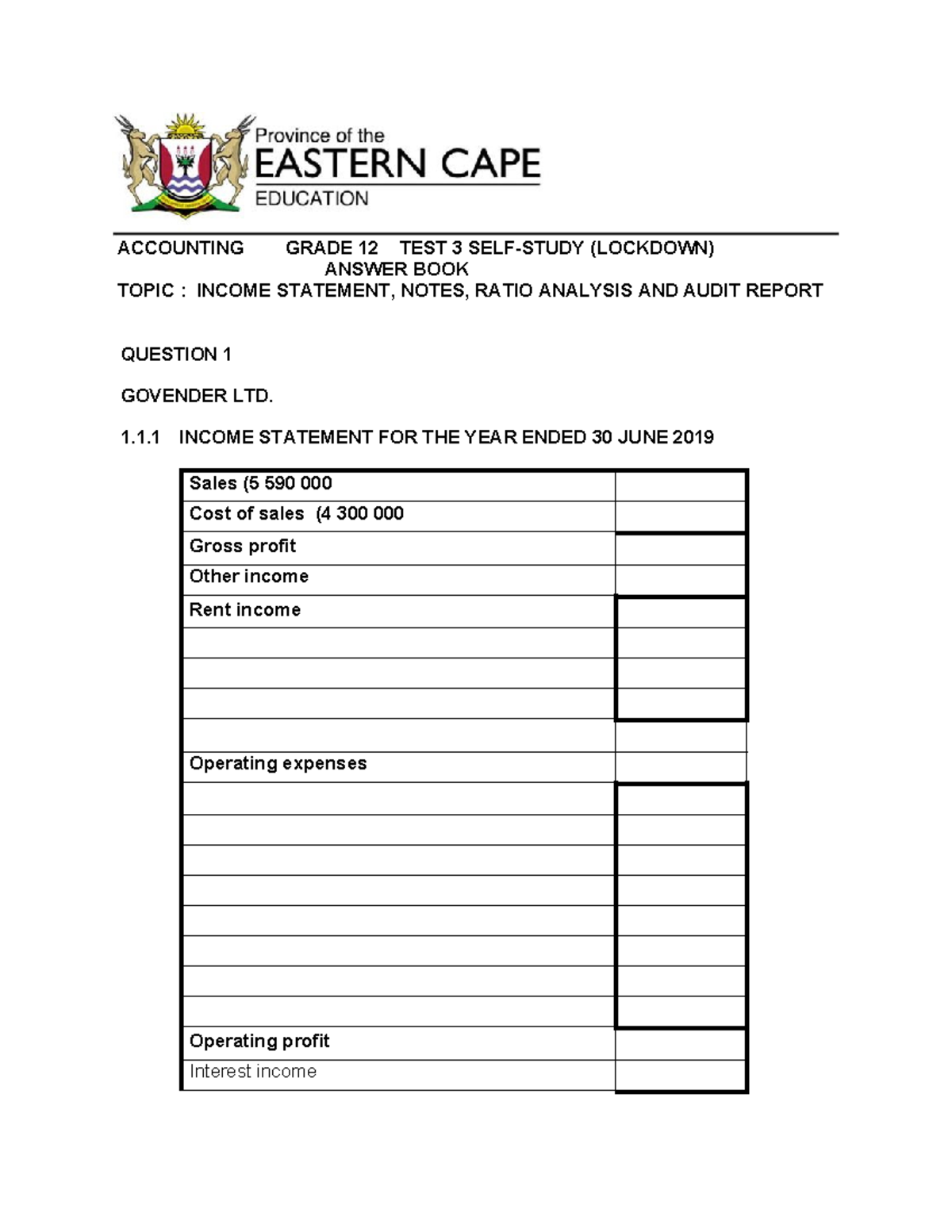 Accounting Grade 12 Test 3 Answer Book: Income & Ratio Analysis - Studocu