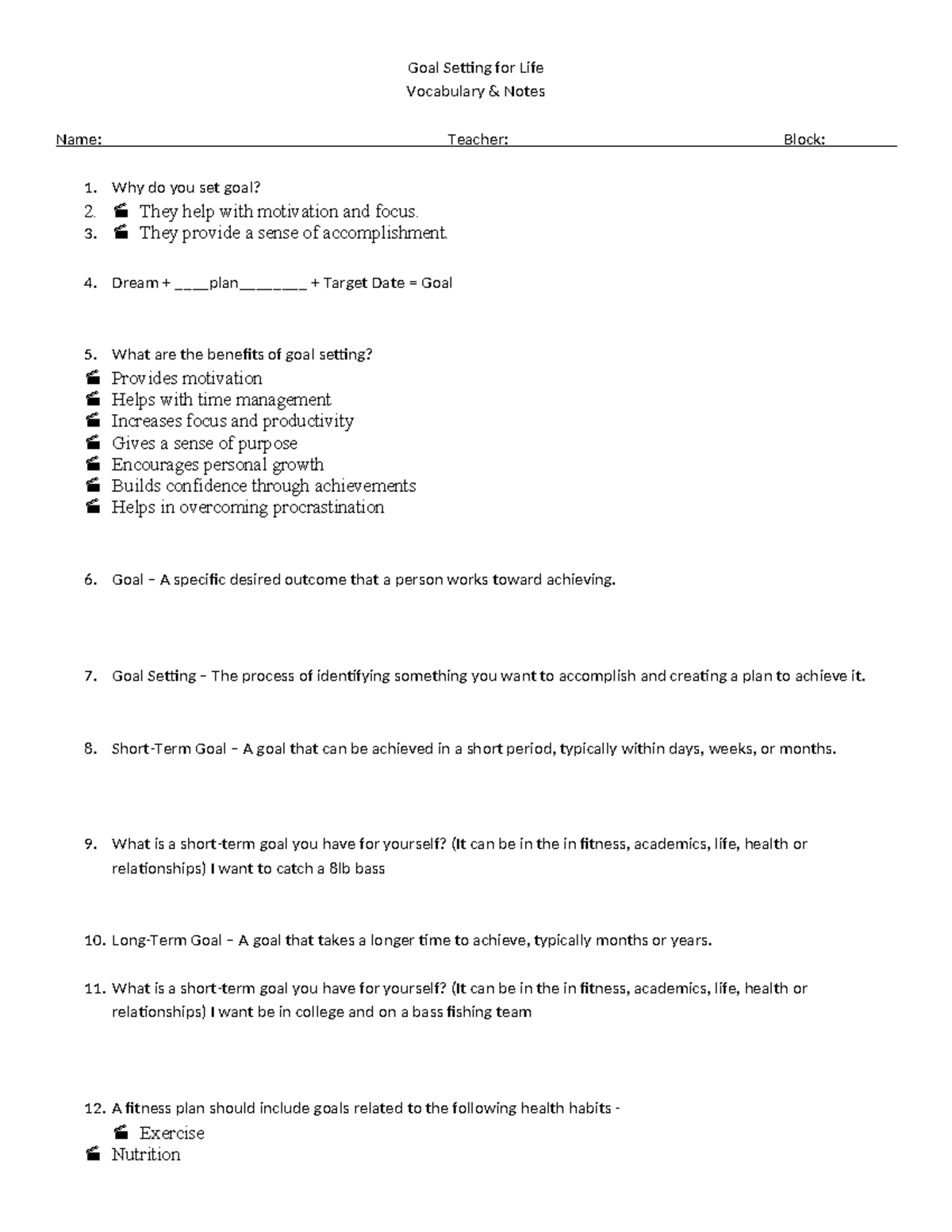 Bostain Goal Setting Vocabulary & Notes for Life Skills - Studocu
