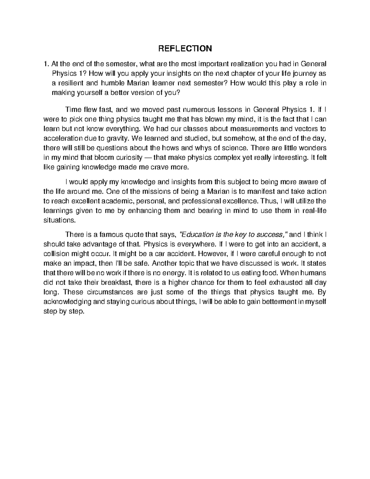General Physics 1 Reflection: Insights for Personal Growth - Studocu