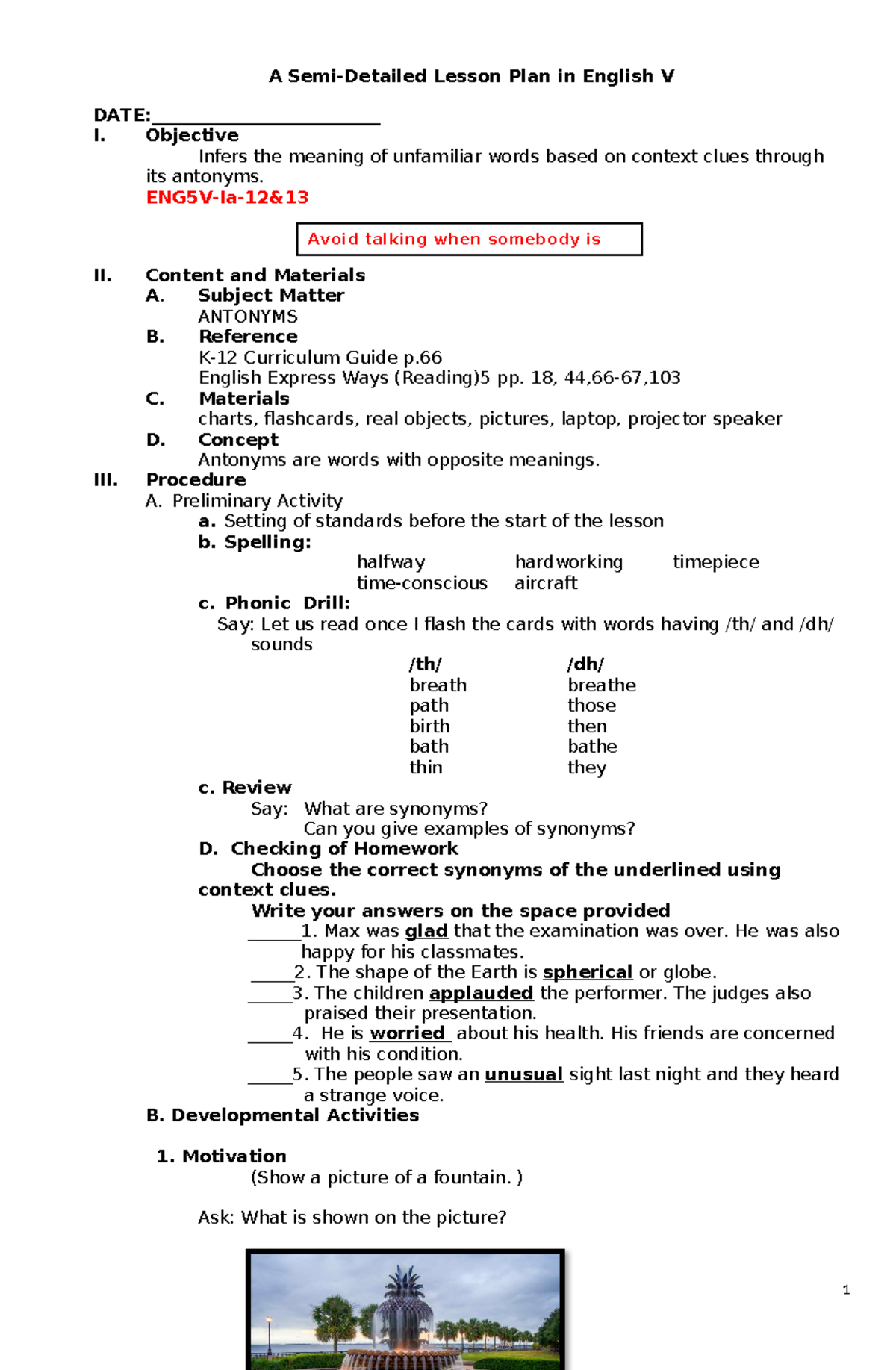 English V Lesson Plan: Understanding Antonyms and Context Clues - Studocu