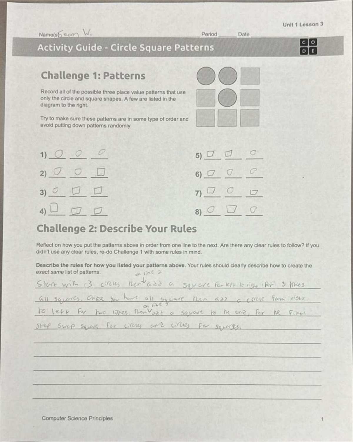 CSP 1 Unit 1 Lesson 3 Activity Guide: Circle & Square Patterns - Studocu