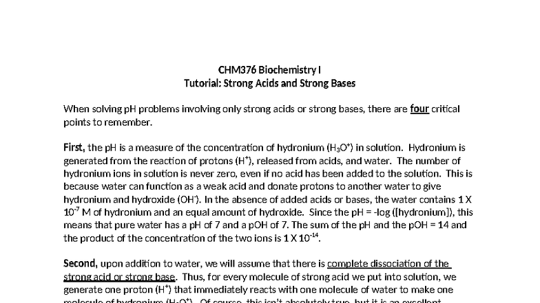 CHM376 Biochemistry I Tutorial: pH of Strong Acids & Bases - Studocu